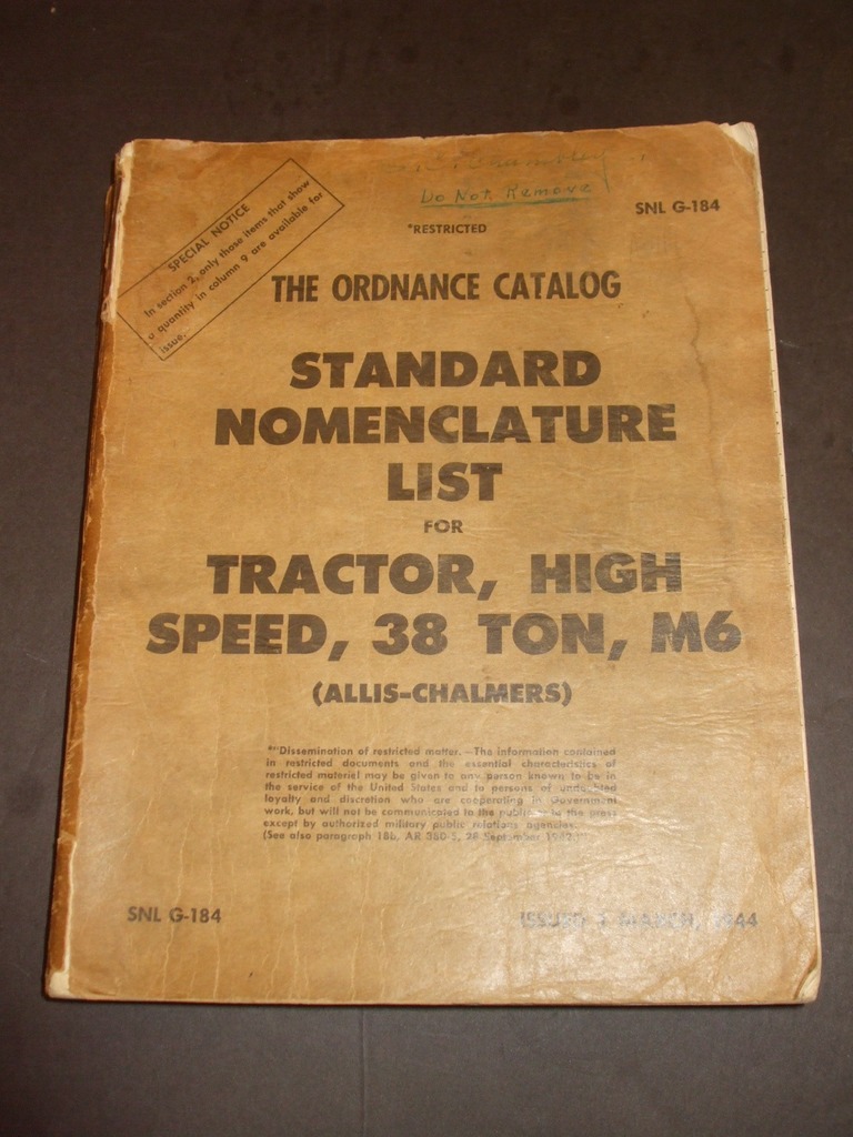 SNL G-184, TOC, Standard Nomenclature List for Tractor, High Speed, 38 ...